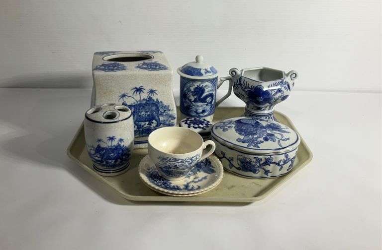 Blue and White Asian decor ceramics, markings include Royal Warwick ...