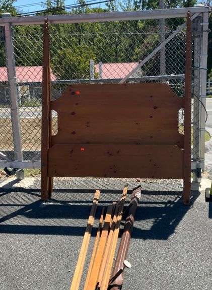 Pine tall post Bed, mid back headboard, final post toppers, has metal ...
