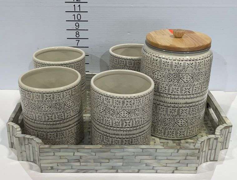 Kitchen decor, set of 5 Threshold canister and crocks, one with lid ...