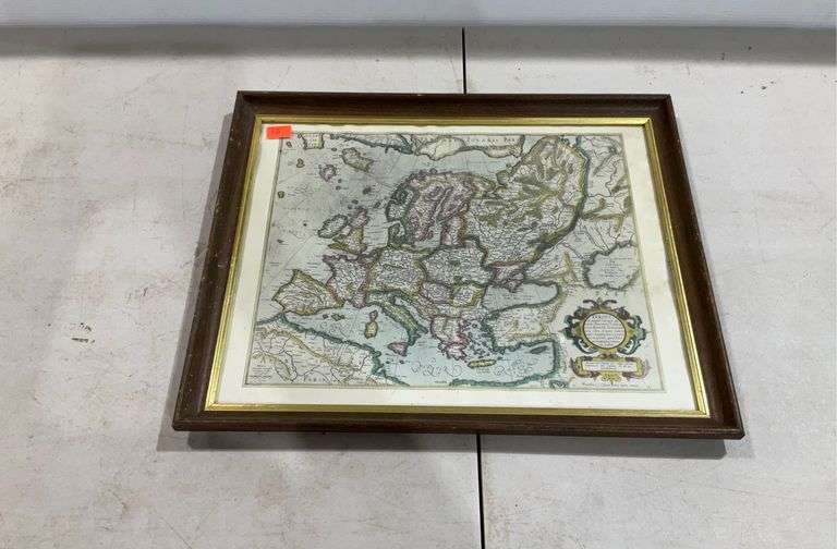 Framed map of 1663 Europe print, some wave to print, 22x18” - Hash Auctions
