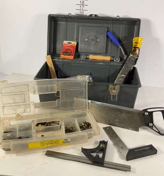 Plastic tool box filled with miscellaneous tools and carry organizer ...