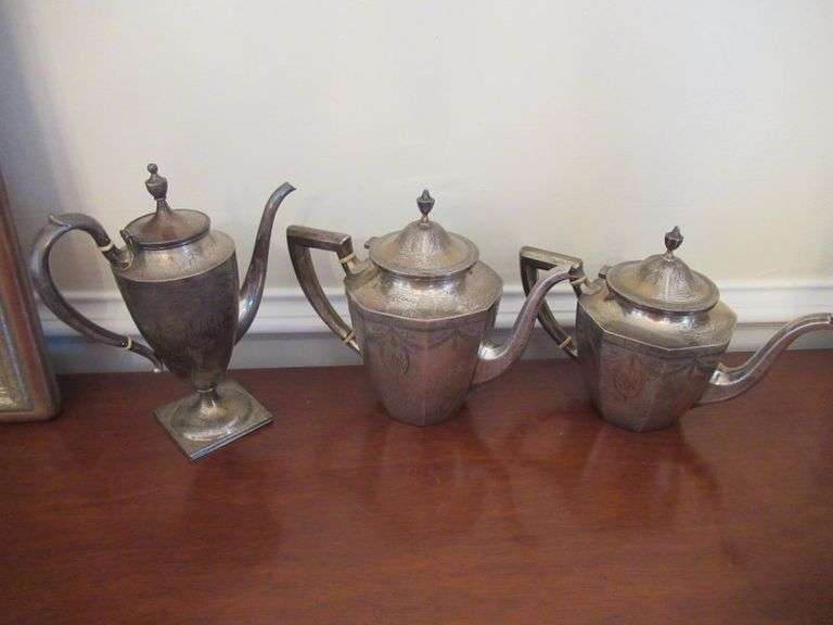 ANTIQUE THREE-PIECE COFFEE TEA STERLING SILVER POTS WITH MONOGRAMS ...