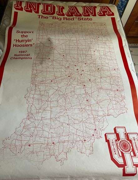 Large Oversized IU Hoosier Map 1987 - Hoosier Auction Group