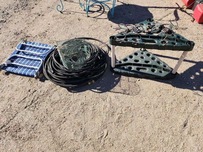 (OUT) SOAKER HOSE, TOOL RACK, WINE RACK, BIRD CAGE, FOLDING CHAIR ...
