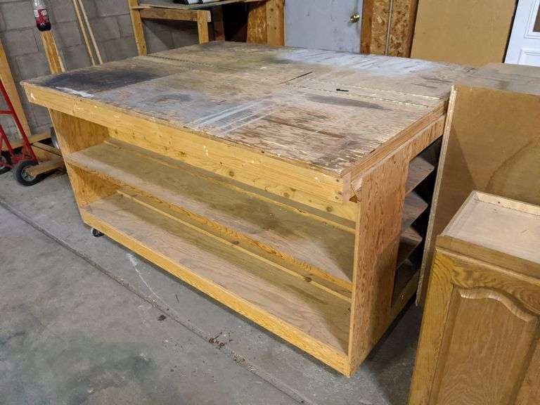 DOUBLE SIDED ROLL AROUND WOOD WORKBENCH WITH LIFT-TOP STORAGE & SHELVES ...