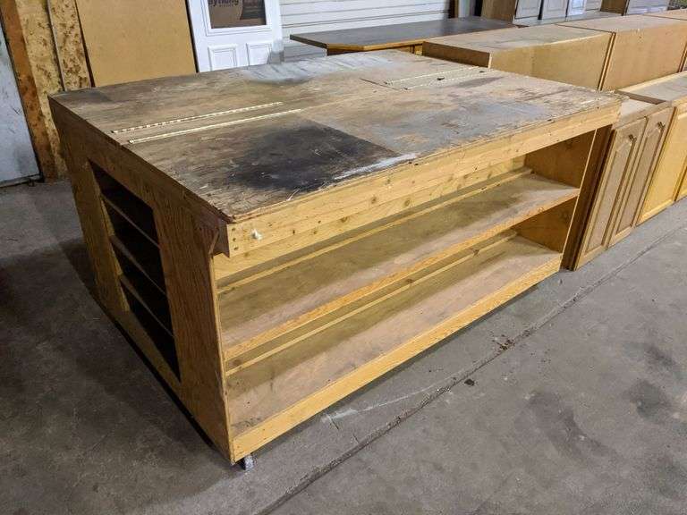 DOUBLE SIDED ROLL AROUND WOOD WORKBENCH WITH LIFT-TOP STORAGE & SHELVES ...