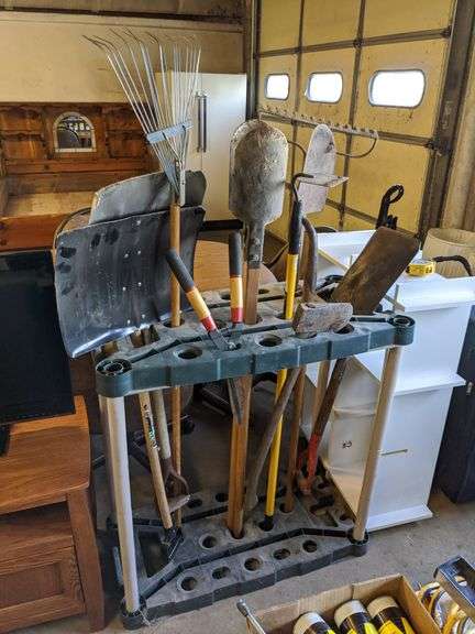 YARD TOOL STORAGE RACK WITH POST HOLE DIGGERS, SHOVELS, AXE, HOE, RAKES ...