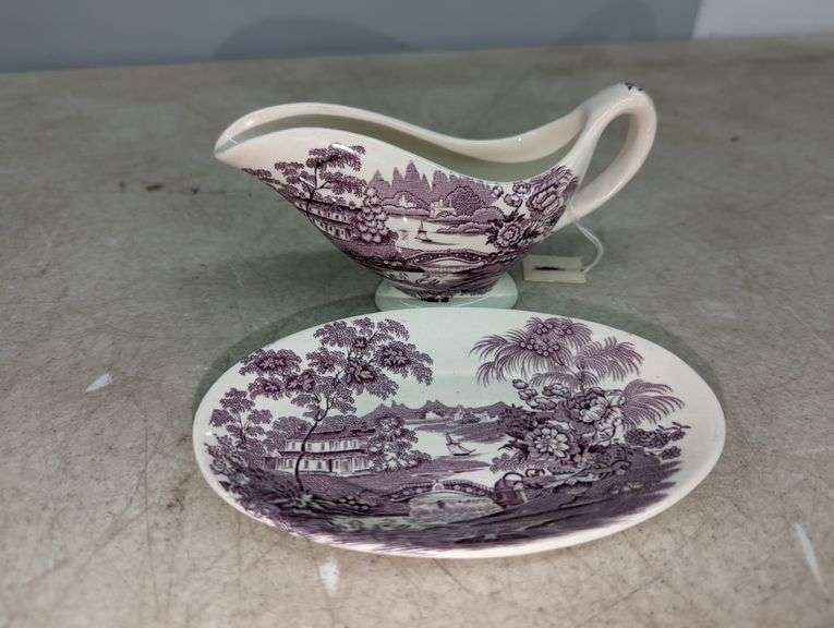 VINTAGE ROYAL STAFFORDSHIRE TONQUIN "CLARICE CLIFF" 2-PIECE SAUCE BOAT ...