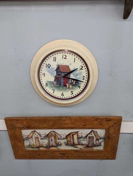 OUTHOUSE PICTURE (11-IN X 22-IN) AND WALL CLOCK (12-IN) - Isabell Auction