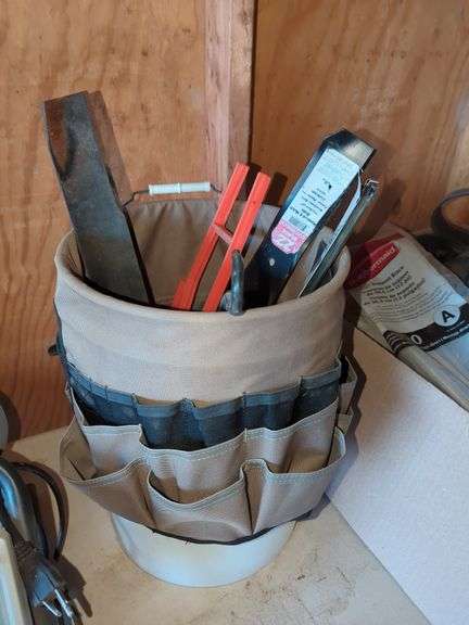 5-GALLON BUCKET WITH ORGANIZER, MOWER BLADES, CORD WRAP, ETC ...
