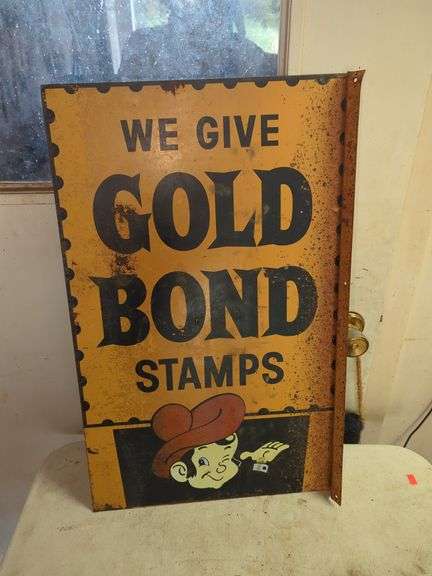 VINTAGE FLANGED METAL 2-SIDED GOLD BOND STAMPS SIGN (17" X 28 ...