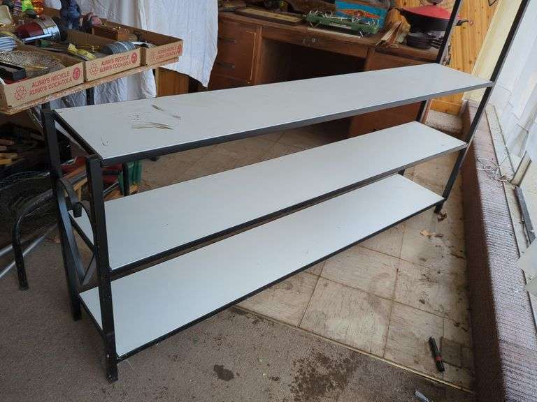 3-TIER STEEL FRAME SHELF (74"L X 29"T X 12"D) (TALLER STEEL END IS 84 ...