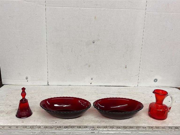 RUBY RED BELL, 2 RUBY RED SERVING DISHES, AND A SMALL RED PITCHER ...