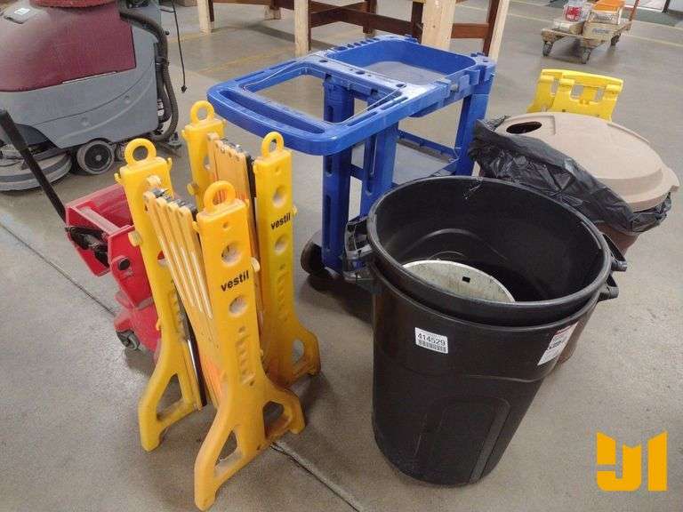 LOT OF JANITORIAL EQUIPMENT MOP BUCKET, GARBAGE CANS, CAUTION SIGNS ...