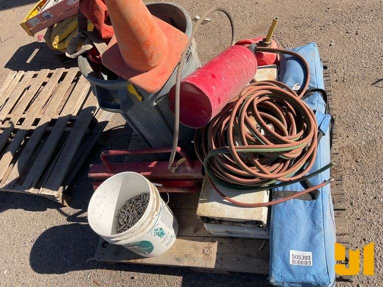 PALLET OF AIR HOSES, SMALL JACK, SAFETY CONES, GAS JUG, - Jeff Martin ...