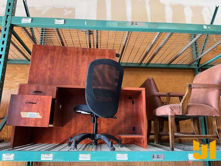 WOODEN L SHAPED DESK, (2) CHAIRS, ROLL AROUND CHAIR - Jeff Martin ...