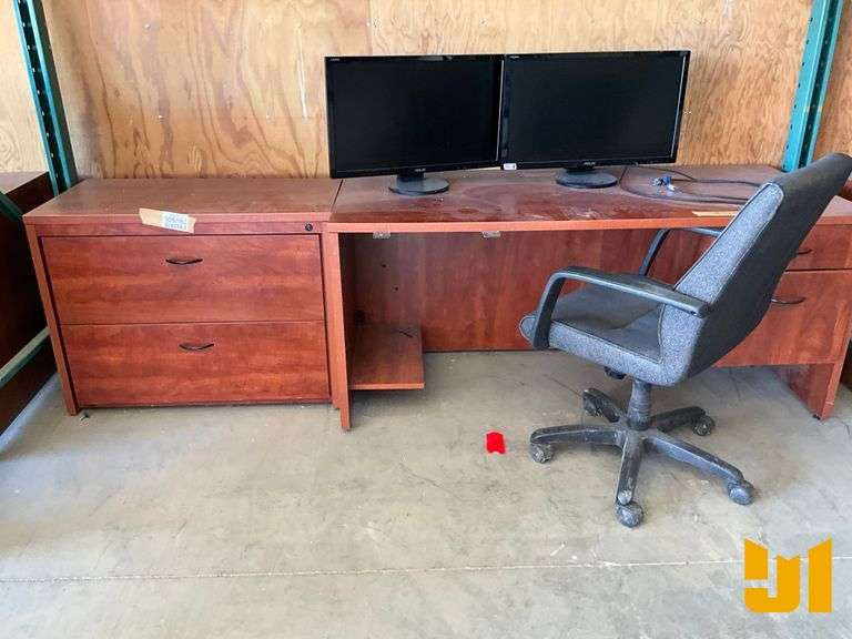 WOODEN DESK, FILE CABINET, CHAIR, (2) MONITORS - Jeff Martin ...