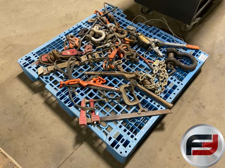PALLET OF SHACKLES, BINDERS, CLAMPS, MISC. - Freije & Freije Auctioneers