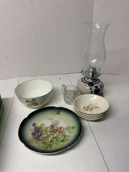 Oil lamp, plate, bowls - Legacy Auction Company
