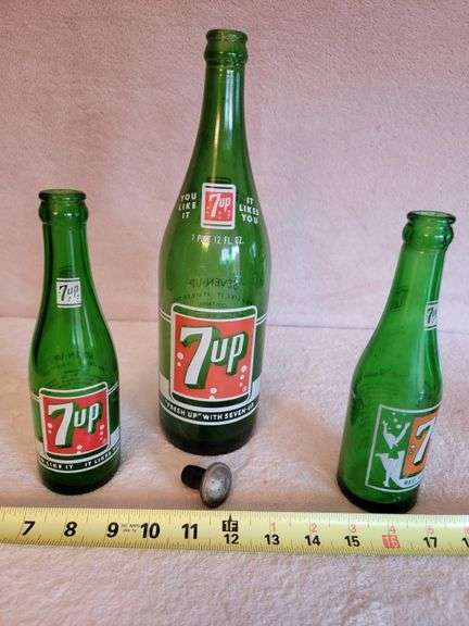 Vintage 7up Bottles (3) & Stopper Sprinkler Head - Legacy Auction Company