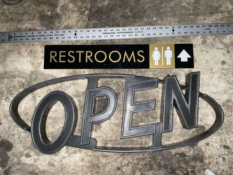 OPEN sign, Restrooms sign - Legacy Auction Company