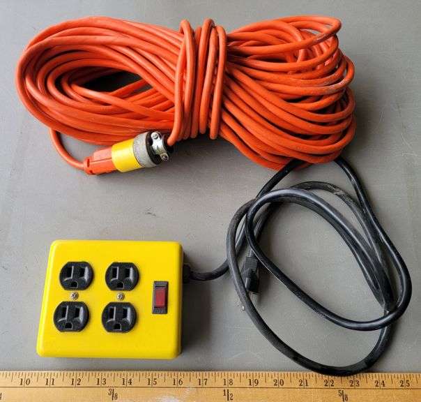 100' Extension Cord & 4 Outlet Metal Power Block - Legacy Auction Company