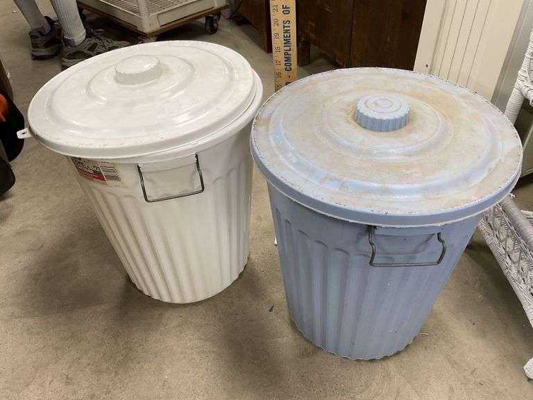 Garbage cans, one with fabric pieces - Legacy Auction Company