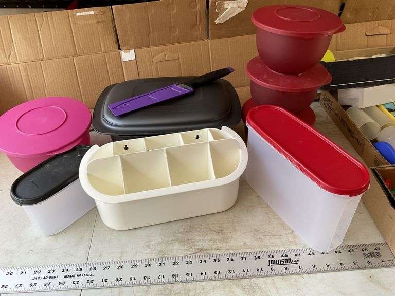 Tupperware containers, knife, utensil holder - Legacy Auction Company