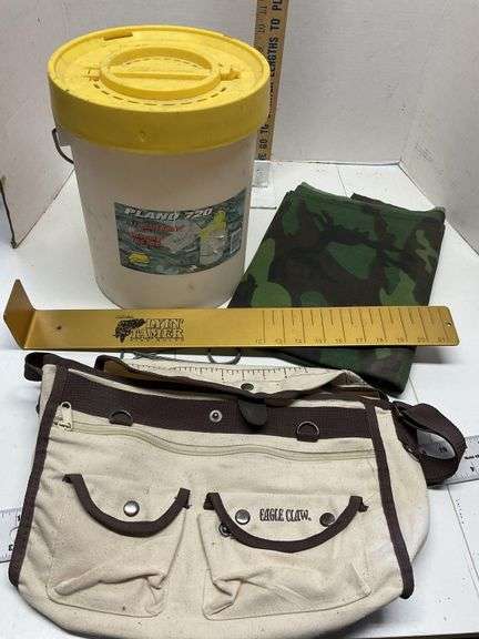 Fishing bucket, fish ruler, camo fabric, bag - Legacy Auction Company