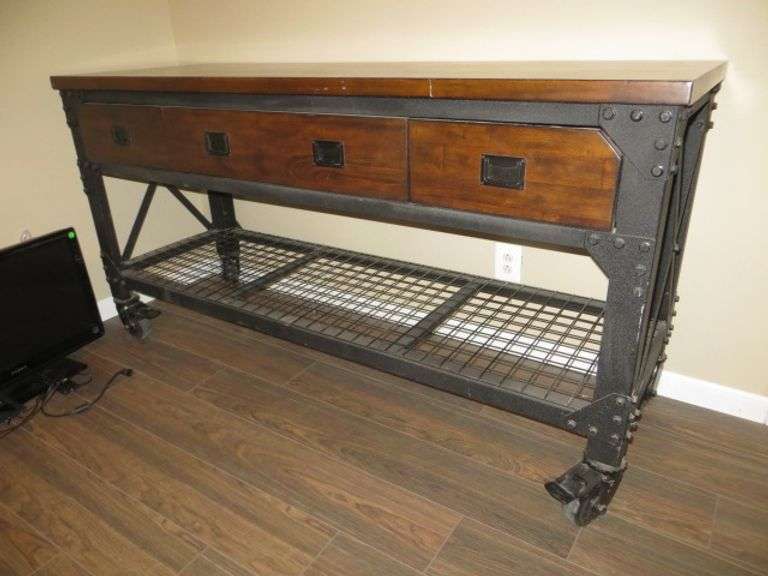 Large Wood & Iron Rolling Counter - Lambrecht Auction, Inc.