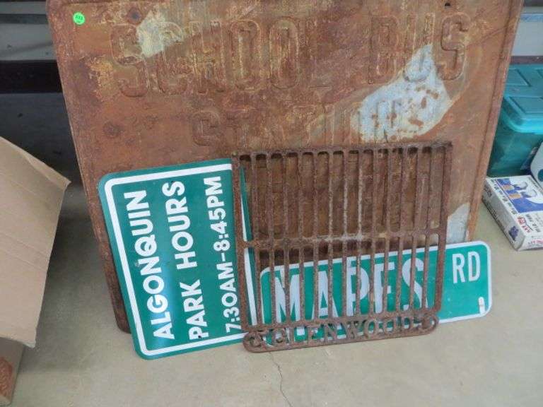 Glenwood Iron Grate, School Bus Sign, & Other Signs - Lambrecht Auction ...