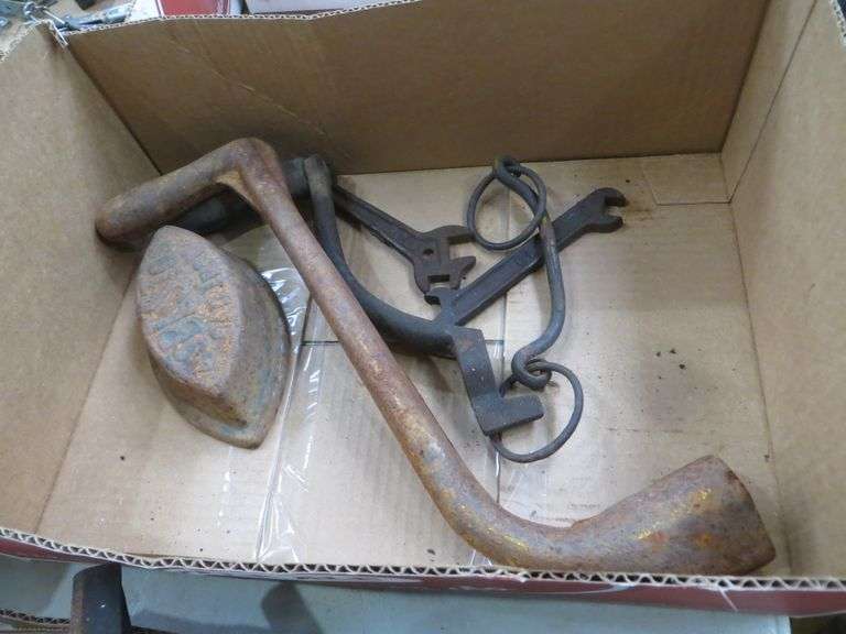Flat Iron, Stove Shakers, Old Wrenches, & Bit - Lambrecht Auction, Inc.