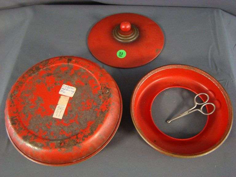 Antique Red Sewing Tin with Scizzor - Lambrecht Auction, Inc.
