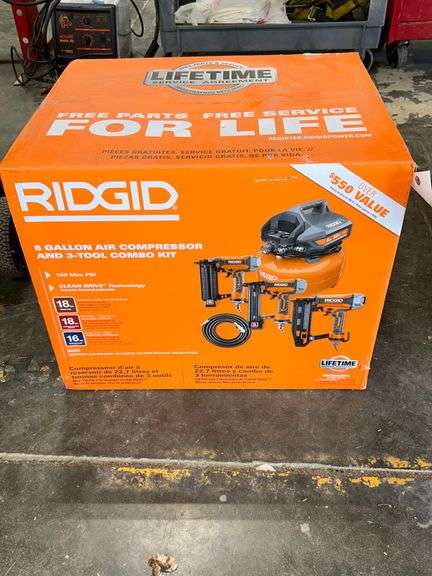 Ridgid 6 Gallon Air Compressor w/ 3 Tool Combo Kit - Langham Auctioneers