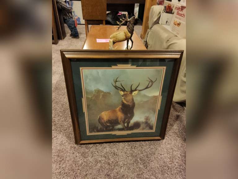Framed Stag picture & stag statue - Lindsay Auctions & Realty LLC