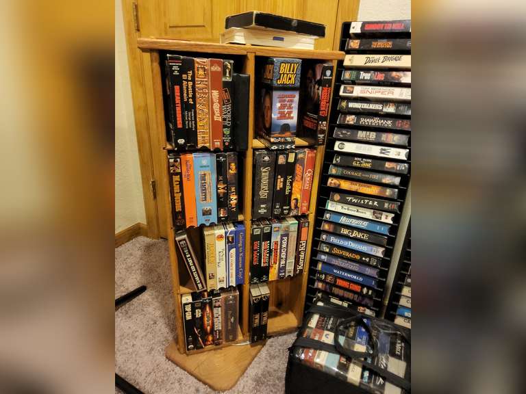 Group of VHS movies & stands - Lindsay Auctions & Realty LLC