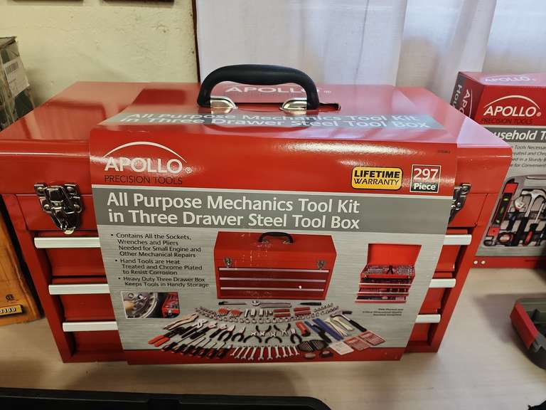 Apollo All purpose mechanics tool kit in three drawer steel tool box ...