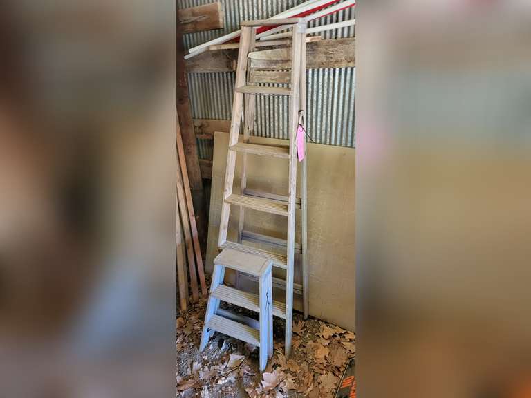 6 ft wood step ladder & wood step stool - Lindsay Auctions & Realty LLC