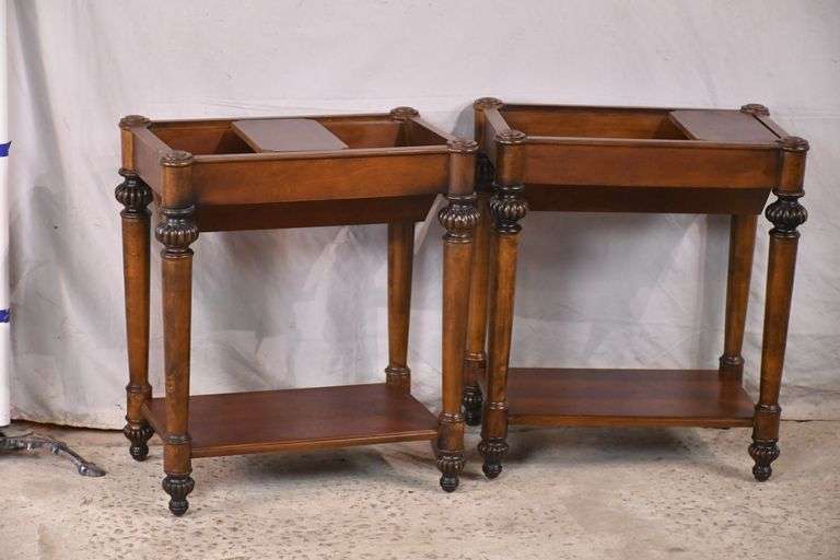 Pair of 2 tier trough tables with sliding shelves on top; 1116-038 - R ...