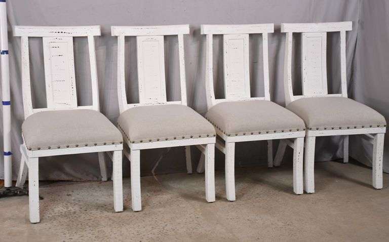 Set of 4 distressed white dining chairs with linen seats; 52-224 - R.H ...