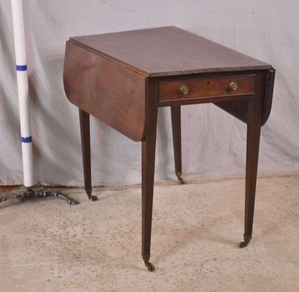 Early inlaid mahogany single drawer drop leaf end table; 68-761 - R.H ...