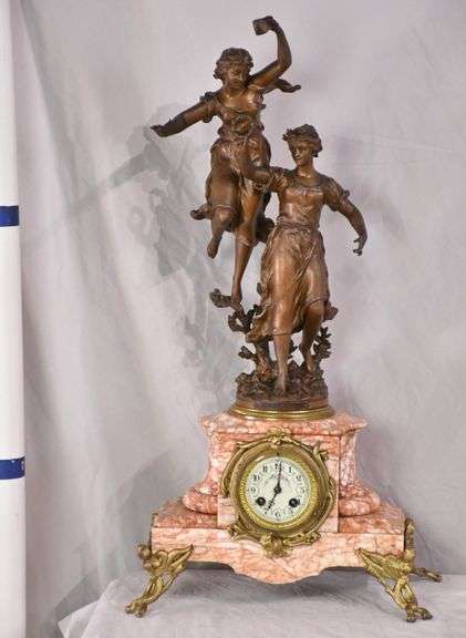 Large marble clock with bronze figurine sculpture on top; 1120-100 - R ...