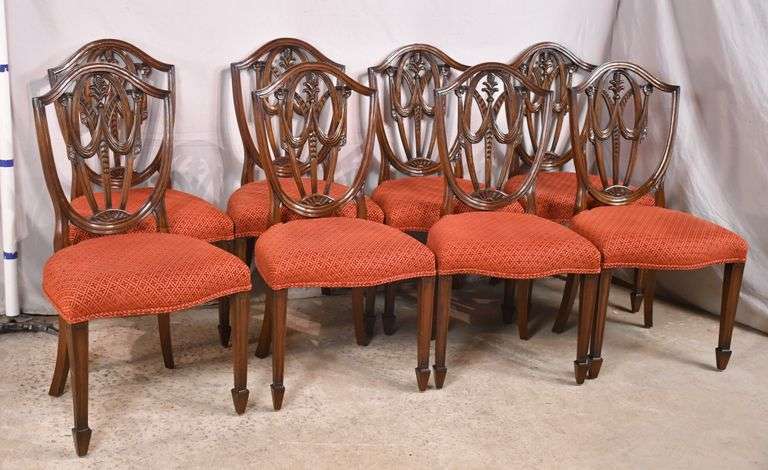 Set of 8 Bevan Funnell-Reprodux carved mahogany shield back dining chairs; 990-120 - R.H. Lee ...
