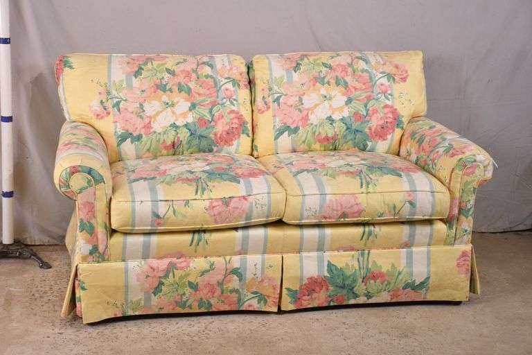 Upholstered love seat with yellow and pink floral fabric; 495-178 - R.H ...