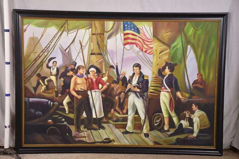 Extra large painting on canvas of Colonial Era ship crew on board; 336 ...