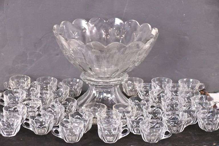 Large glass punch bowl on stand with 35 cups; 192-2031 - R.H. Lee & Co ...