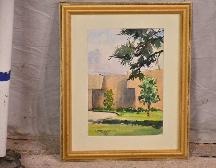 Small signed framed watercolor of building and trees by Claire K ...