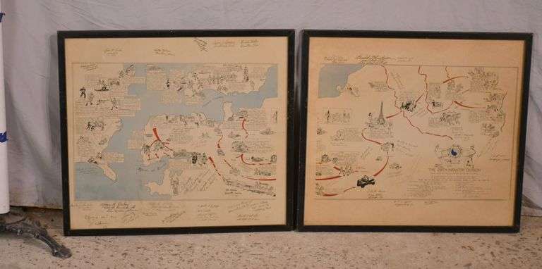 Pair of framed comic style maps of "The 29th Infantry Division" of WWII ...