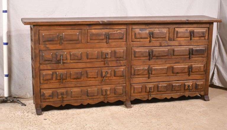 Distressed pine Spanish style 10 drawer long narrow double dresser; 68 ...