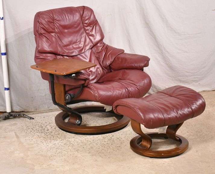 Ekornes "Stressless" burgundy reclining armchair with ottoman; 558-258 ...